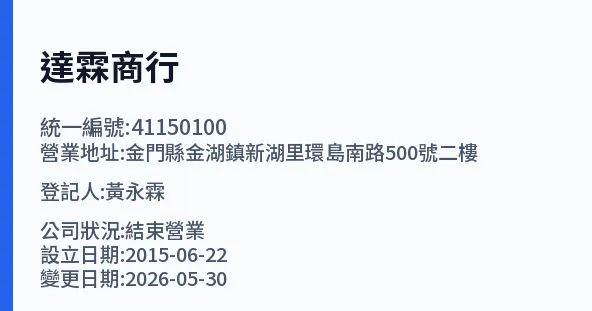 達霖商行的照片-統編 41150100(金門縣) 公司登記資料與營業項目詳細圖表