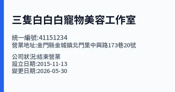 三隻白白白寵物美容工作室的照片-統編 41151234(金門縣) 公司登記資料與營業項目詳細圖表