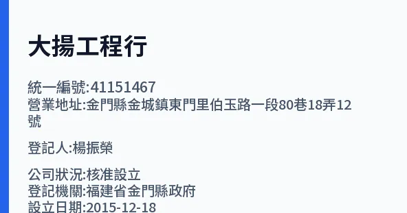 大揚工程行的照片-統編 41151467(金門縣) 公司登記資料與營業項目詳細圖表