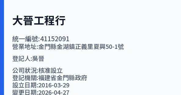 大晉工程行的照片-統編 41152091(金門縣) 公司登記資料與營業項目詳細圖表