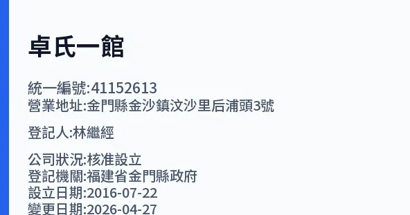 卓氏一館的照片-統編 41152613(金門縣) 公司登記資料與營業項目詳細圖表