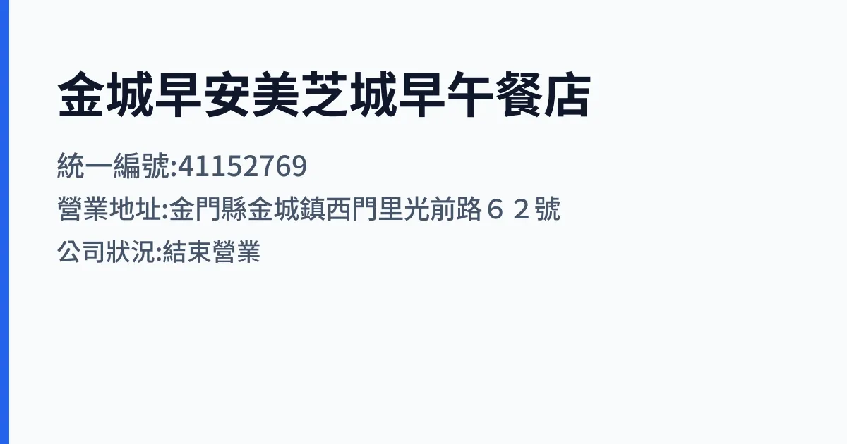 金城早安美芝城早午餐店 - 統編 41152769(金門縣) 公司登記資料與營業項目詳細圖表
