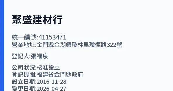 聚盛建材行的照片-統編 41153471(金門縣) 公司登記資料與營業項目詳細圖表