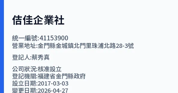 佶佳企業社的照片-統編 41153900(金門縣) 公司登記資料與營業項目詳細圖表