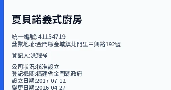 夏貝諾義式廚房的照片-統編 41154719(金門縣) 公司登記資料與營業項目詳細圖表