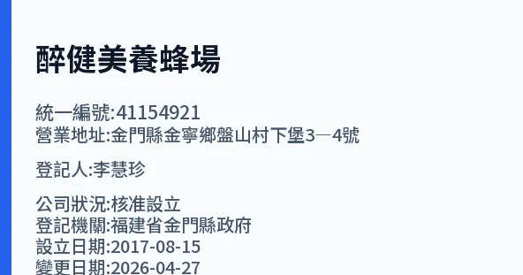 醉健美養蜂場的照片-統編 41154921(金門縣) 公司登記資料與營業項目詳細圖表