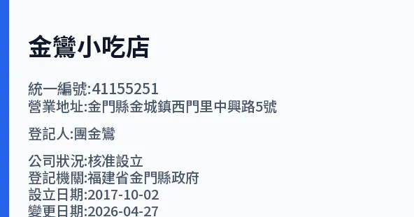 金鸞小吃店的照片-統編 41155251(金門縣) 公司登記資料與營業項目詳細圖表
