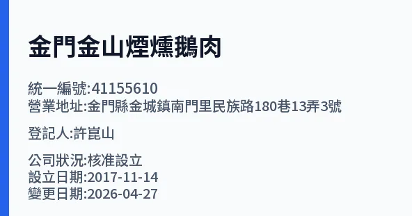 金門金山煙燻鵝肉的照片-統編 41155610(金門縣) 公司登記資料與營業項目詳細圖表