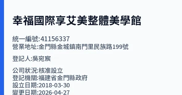 幸福國際享艾美整體美學館的照片-統編 41156337(金門縣) 公司登記資料與營業項目詳細圖表
