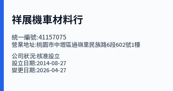 祥展機車材料行的照片-統編 41157075(桃園市) 公司登記資料與營業項目詳細圖表