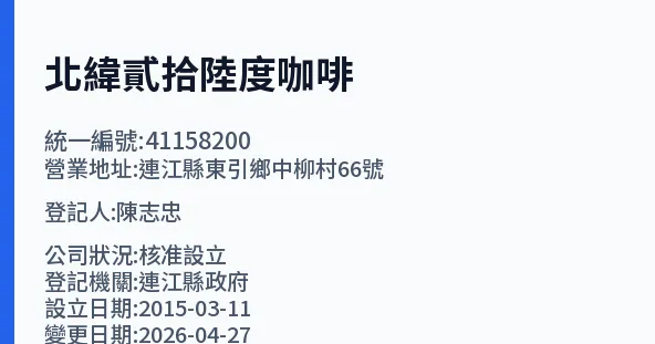 北緯貳拾陸度咖啡的照片-統編 41158200(連江縣) 公司登記資料與營業項目詳細圖表