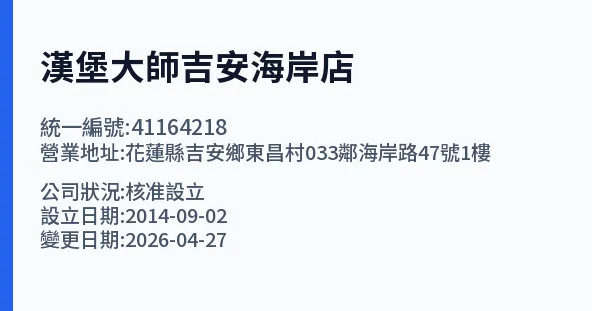 漢堡大師吉安海岸店的照片-統編 41164218(花蓮縣) 公司登記資料與營業項目詳細圖表