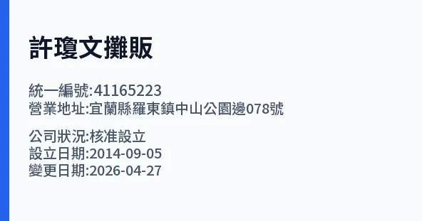 許瓊文攤販的照片-統編 41165223(宜蘭縣) 公司登記資料與營業項目詳細圖表