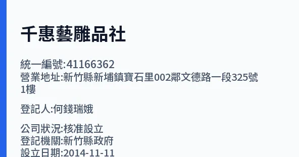 千惠藝雕品社的照片-統編 41166362(新竹縣) 公司登記資料與營業項目詳細圖表