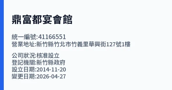 鼎富都宴會館的照片-統編 41166551(新竹縣) 公司登記資料與營業項目詳細圖表