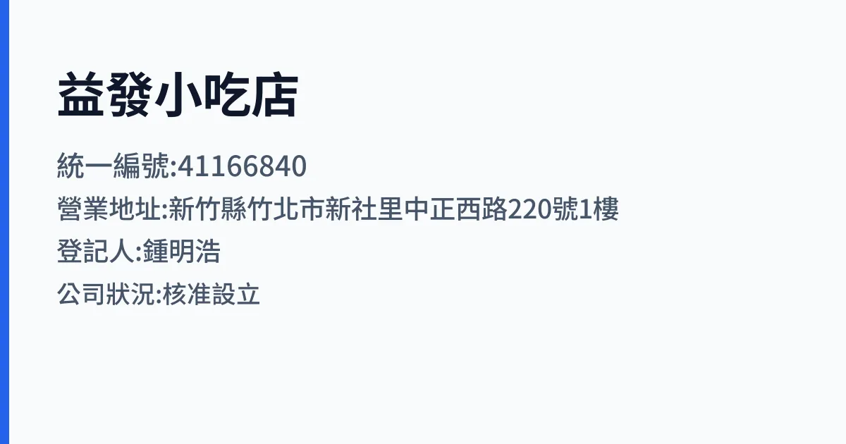 益發小吃店 - 統編 41166840(新竹縣) 公司登記資料與營業項目詳細圖表