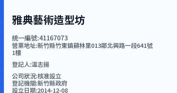 雅典藝術造型坊的照片-統編 41167073(新竹縣) 公司登記資料與營業項目詳細圖表