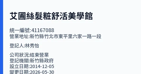 艾圃絲髮粧舒活美學館的照片-統編 41167088(新竹縣) 公司登記資料與營業項目詳細圖表