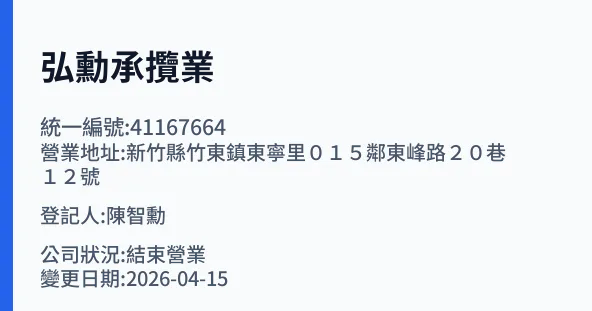 弘勳承攬業的照片-統編 41167664(新竹縣) 公司登記資料與營業項目詳細圖表