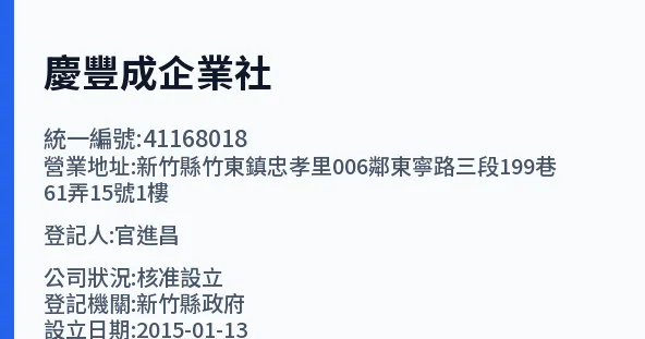 慶豐成企業社的照片-統編 41168018(新竹縣) 公司登記資料與營業項目詳細圖表