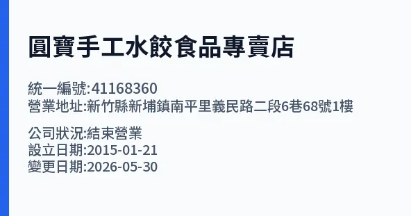 圓寶手工水餃食品專賣店的照片-統編 41168360(新竹縣) 公司登記資料與營業項目詳細圖表