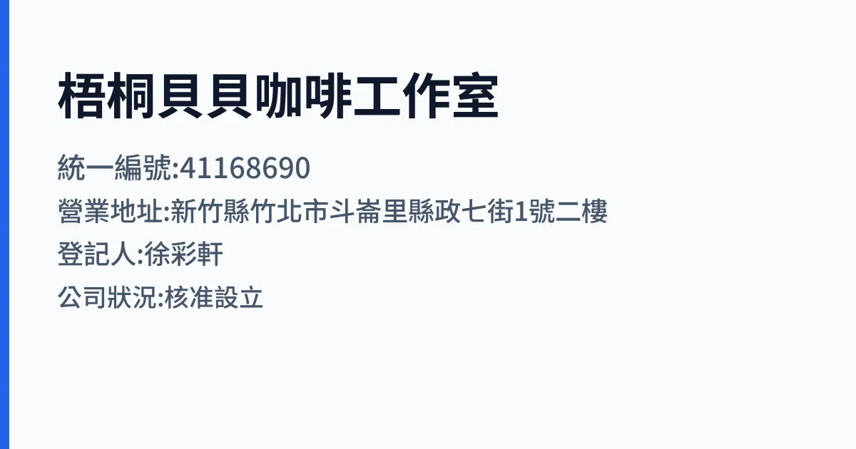 梧桐貝貝咖啡工作室 - 統編 41168690(新竹縣) 公司登記資料與營業項目詳細圖表