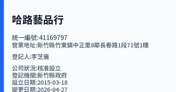 哈路藝品行的照片-統編 41169797(新竹縣) 公司登記資料與營業項目詳細圖表