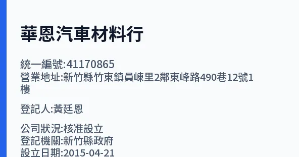 華恩汽車材料行的照片-統編 41170865(新竹縣) 公司登記資料與營業項目詳細圖表