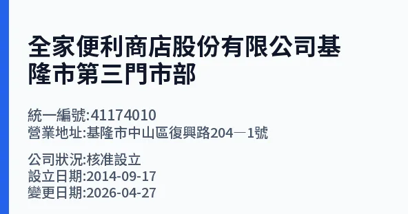 全家便利商店股份有限公司基隆市第三門市部的照片-統編 41174010(基隆市) 公司登記資料與營業項目詳細圖表