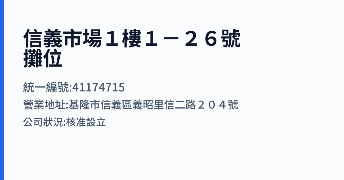 信義市場１樓１－２６號攤位 - 統編 41174715(基隆市) 公司登記資料與營業項目詳細圖表