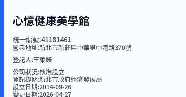 心憶健康美學館的照片-統編 41181461(新北市) 公司登記資料與營業項目詳細圖表