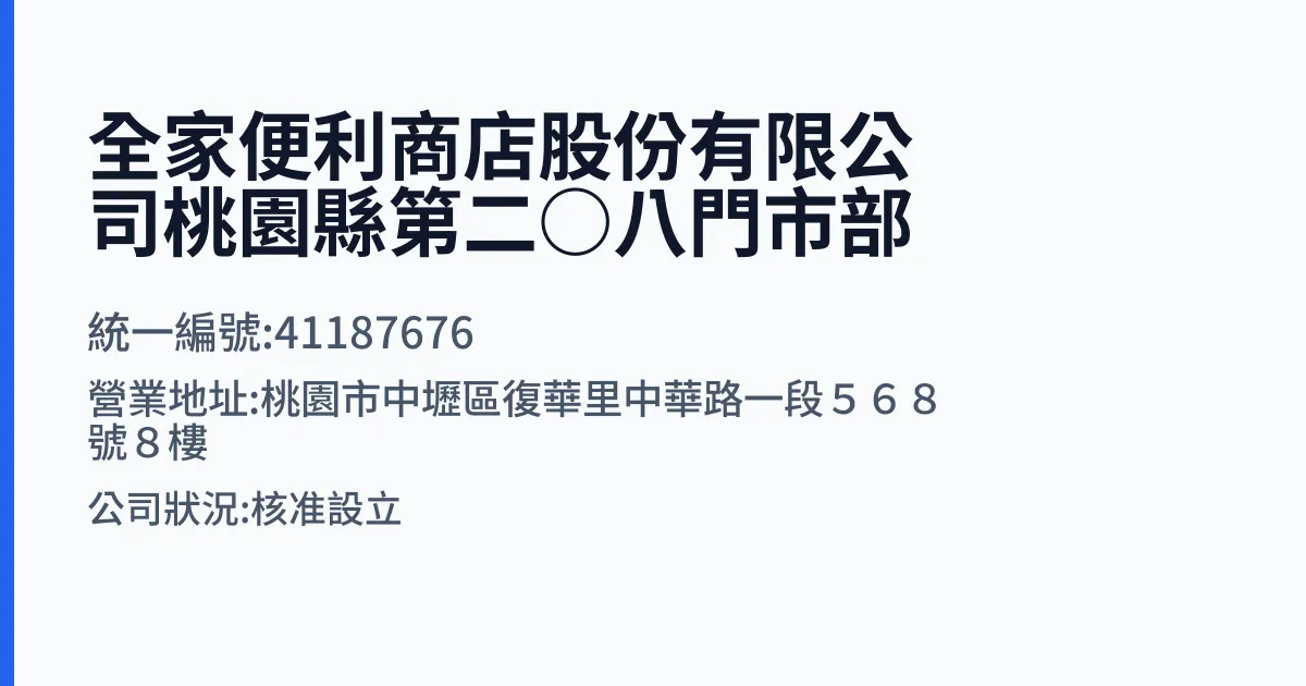 全家便利商店股份有限公司桃園縣第二○八門市部 - 統編 41187676(桃園市) 公司登記資料與營業項目詳細圖表