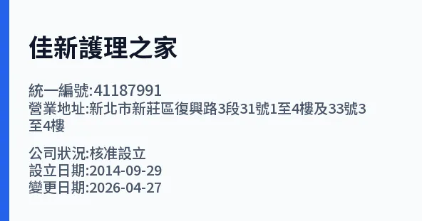 佳新護理之家的照片-統編 41187991(新北市) 公司登記資料與營業項目詳細圖表