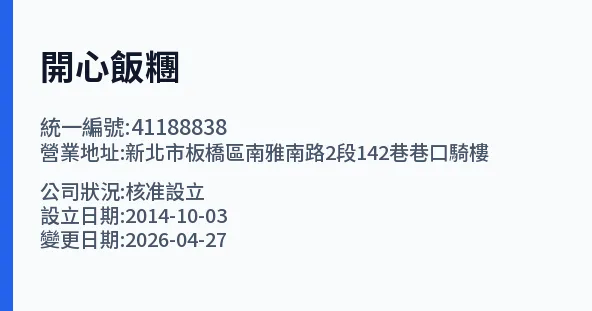 開心飯糰的照片-統編 41188838(新北市) 公司登記資料與營業項目詳細圖表