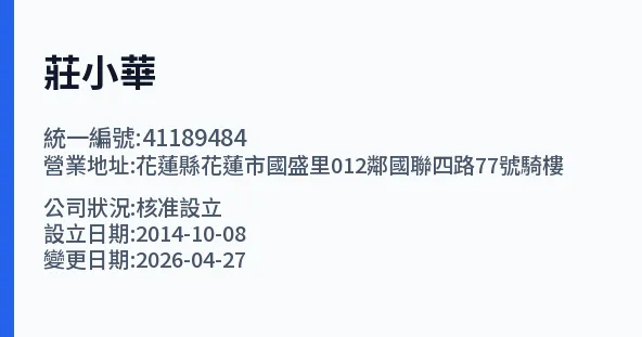 莊小華的照片-統編 41189484(花蓮縣) 公司登記資料與營業項目詳細圖表
