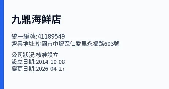 九鼎海鮮店的照片-統編 41189549(桃園市) 公司登記資料與營業項目詳細圖表