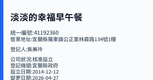 淡淡的幸福早午餐的照片-統編 41192360(宜蘭縣) 公司登記資料與營業項目詳細圖表