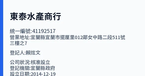 東泰水產商行的照片-統編 41192517(宜蘭縣) 公司登記資料與營業項目詳細圖表