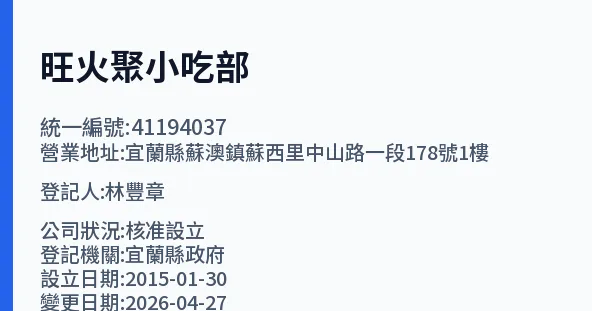 旺火聚小吃部的照片-統編 41194037(宜蘭縣) 公司登記資料與營業項目詳細圖表