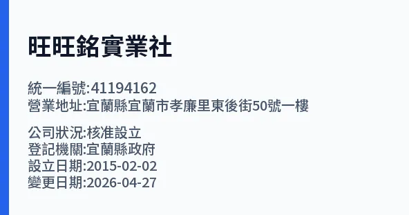 旺旺銘實業社的照片-統編 41194162(宜蘭縣) 公司登記資料與營業項目詳細圖表