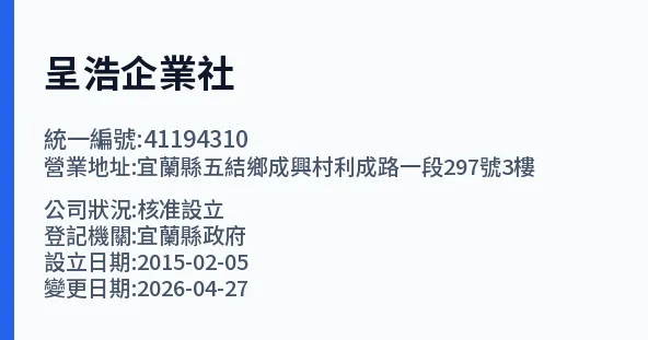 呈浩企業社的照片-統編 41194310(宜蘭縣) 公司登記資料與營業項目詳細圖表
