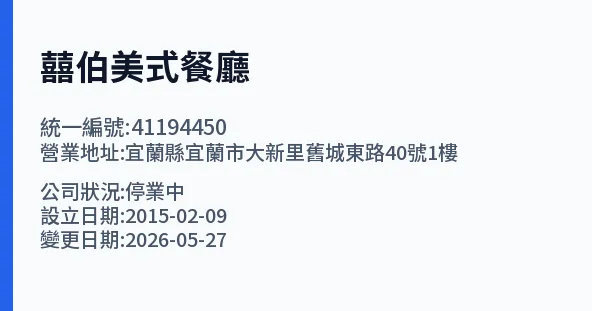 囍伯美式餐廳的照片-統編 41194450(宜蘭縣) 公司登記資料與營業項目詳細圖表