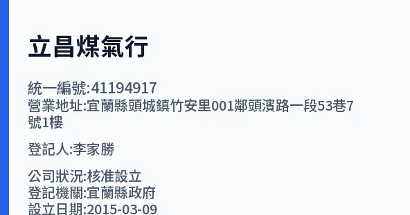 立昌煤氣行的照片-統編 41194917(宜蘭縣) 公司登記資料與營業項目詳細圖表
