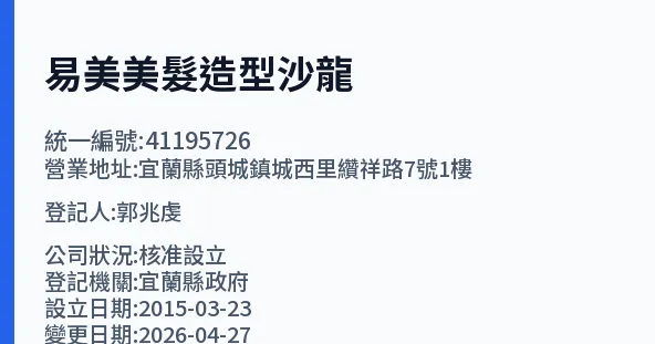 易美美髮造型沙龍的照片-統編 41195726(宜蘭縣) 公司登記資料與營業項目詳細圖表