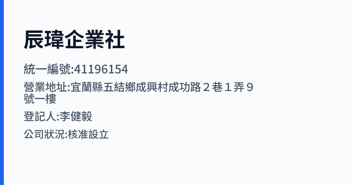 辰瑋企業社 - 統編 41196154(宜蘭縣) 公司登記資料與營業項目詳細圖表