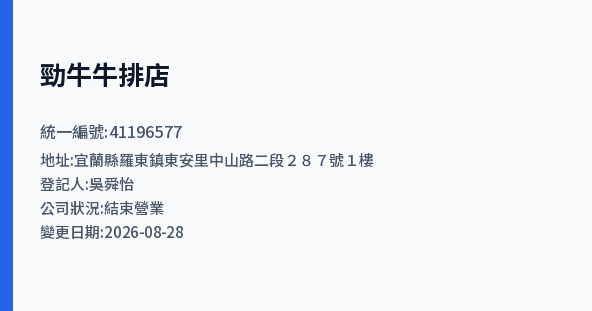 勁牛牛排店的照片-統編 41196577(宜蘭縣) 公司登記資料與營業項目詳細圖表