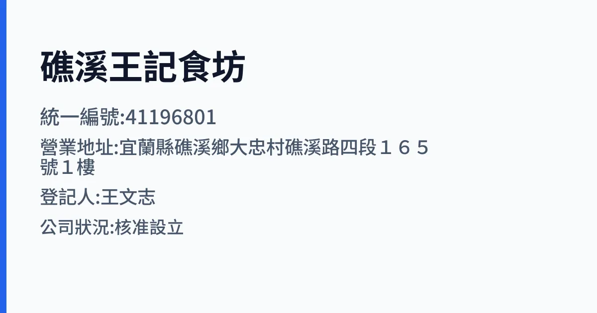 礁溪王記食坊 - 統編 41196801(宜蘭縣) 公司登記資料與營業項目詳細圖表