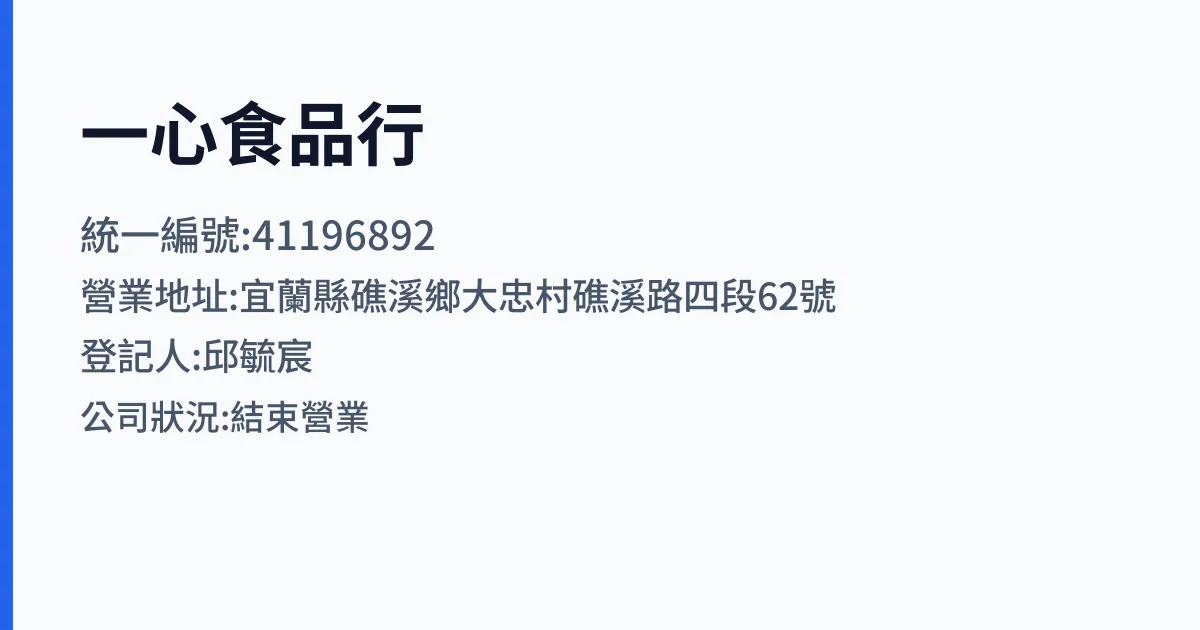 一心食品行 - 統編 41196892(宜蘭縣) 公司登記資料與營業項目詳細圖表