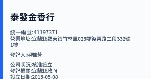 泰發金香行的照片-統編 41197371(宜蘭縣) 公司登記資料與營業項目詳細圖表