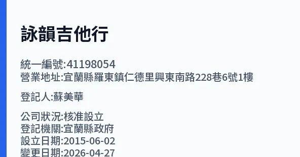 詠韻吉他行的照片-統編 41198054(宜蘭縣) 公司登記資料與營業項目詳細圖表